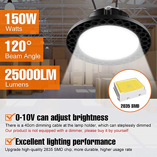 150W LED High Bay Light UFO 25000Lumens 5000K Daylight 1-10V Dimmable LED Commercial Bay Lighting 100-277Volts Area Lamp IP65 Waterproof ,Hook Included ,5’Cable with US Plug ,600W HID/HPS Replacement