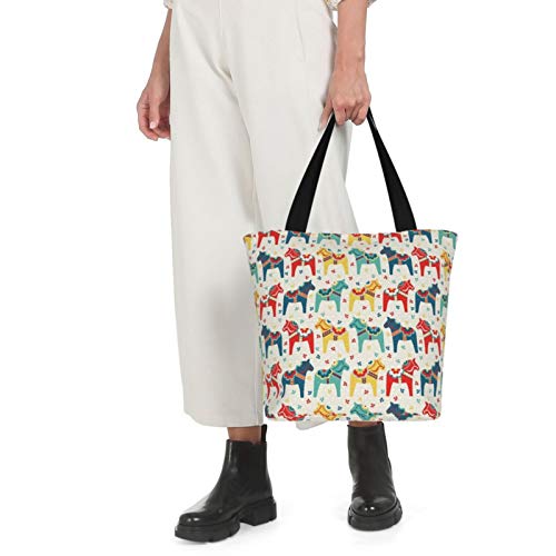 antcreptson Swedish Dala Horses Extra Large Canvas Shoulder Tote Top Storage Handle Bag for Gym Beach Weekender Travel Reusable Grocery Shopping,Black White