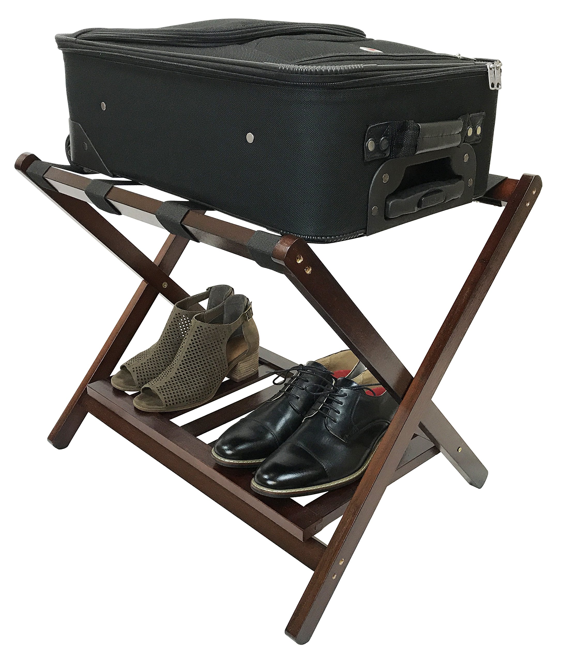 Wholesale Hotel Products Wooden Luggage Rack for Guest Room with Shoe Shelf - Fully Assembled Luggage Stand with Storage Shelf Foldable, Solid Wood Walnut -