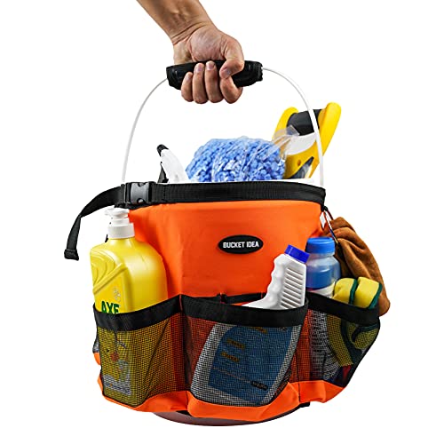 Bucket Idea Wash Tool Organizer for a 5 Gallon Bucket, Water-Resistant Mesh Pockets for Clean Supplier, Car Wash Supplier,Soap and Towel Holder Ring Included, (Orange)…