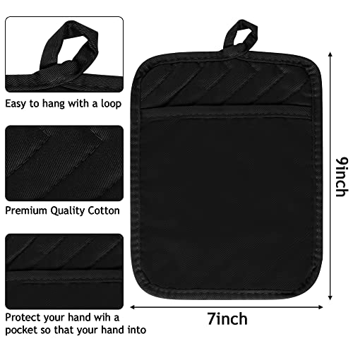 R HORSE 6Pcs Pot Holder with Pocket for Kitchen Black Pocket Pot Holder Set Cotton Heat Resistant Potholder Terry Cloth Coaster Kitchen Hot Pad Oven Mitts Hot Pads Trivet for Baking Cooking 7''x9''