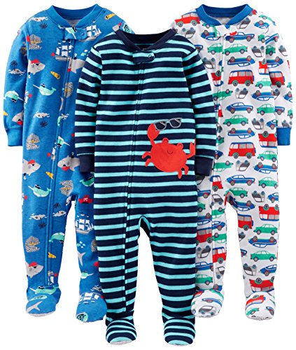 Simple Joys by Carter's Baby Boys' 3-Pack Snug Fit Footed Cotton Pajamas, Blue Sea Life/Navy Stripe/White Cars, 2T