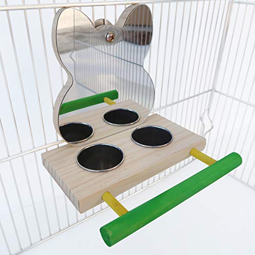 Bird Food Cups with Perch,Parrot Mirror Toys for Bird Cage,Hanging Wooden Bird Stands with 2 Stainless Steel Food Bowls,Bird Feeding and Watering Supplies for Parakeets Conures Cockatiels (Green)