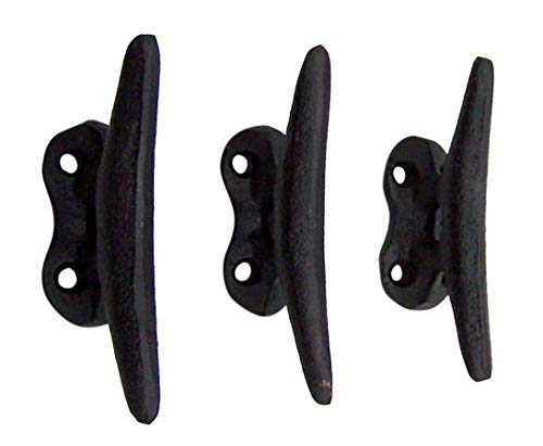Nautical Black Cast Iron Boat Cleat Wall Hooks, 3.5 Inches, Set of 3