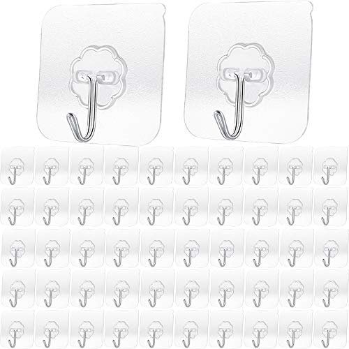 Adhesive Hooks - Transparent Reusable Utility Hooks Heavy Duty Wall Hooks 13lb(Max) Seamless Hooks Waterproof and Oil Proof for Kitchen Bathroom and Kitchen (50)
