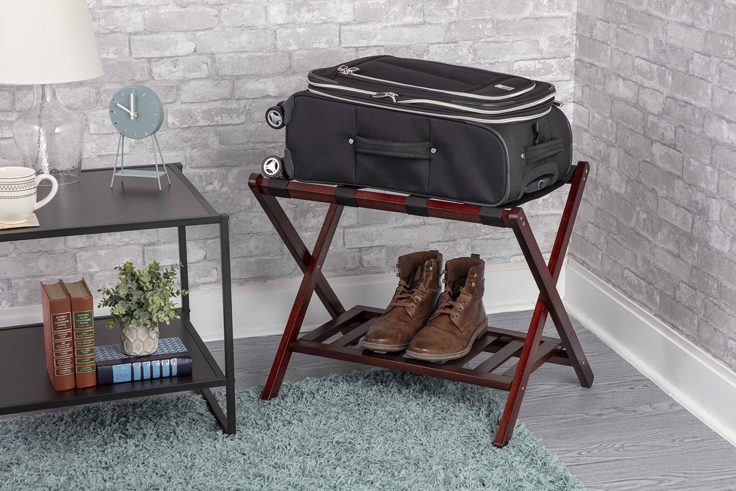 Wholesale Hotel Products Wooden Luggage Rack for Guest Room with Shoe Shelf - Fully Assembled Luggage Stand with Storage Shelf Foldable, Solid Wood Walnut -