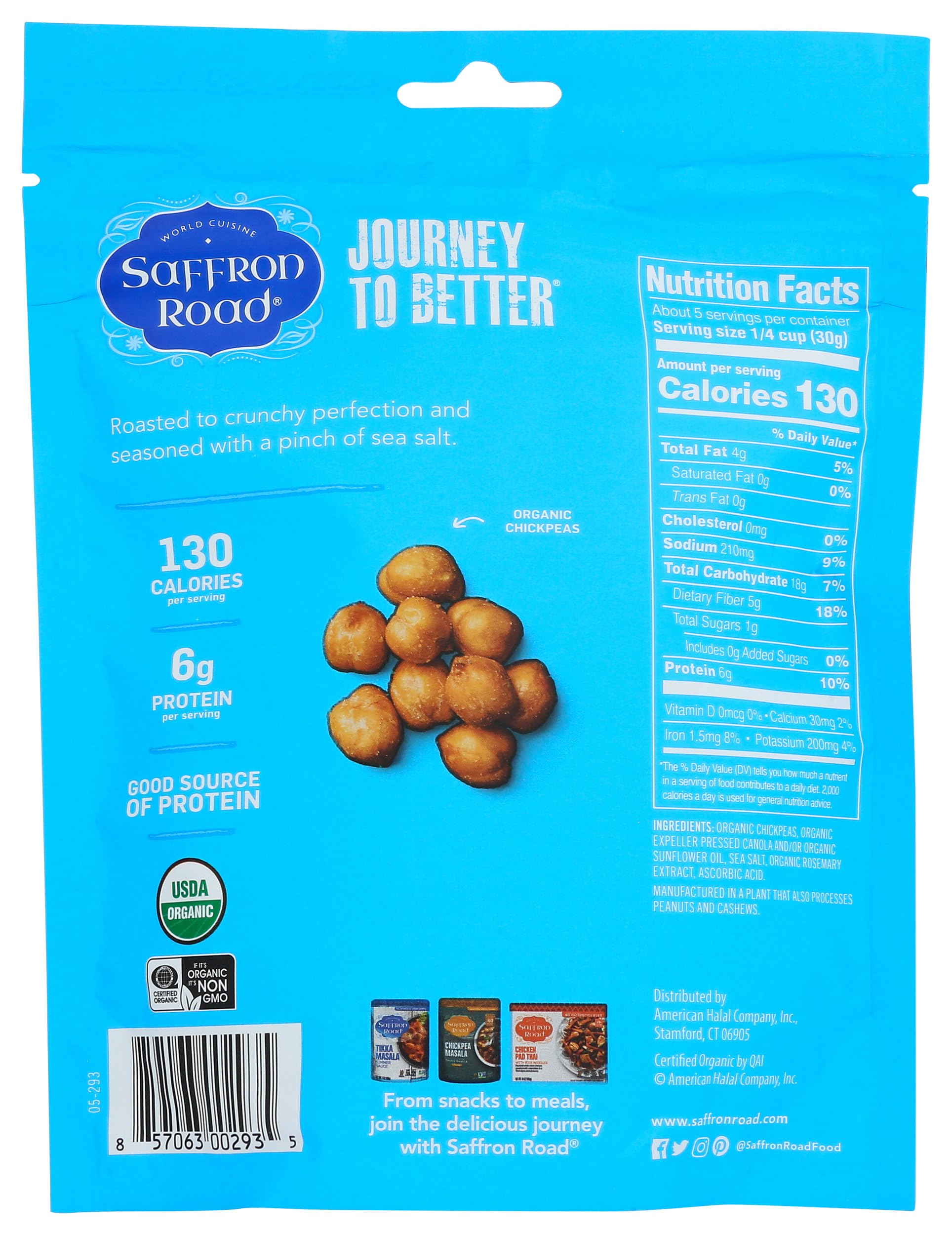 Saffron Road Organic Sea Salt Crunchy Chickpea Snack, 6oz - USDA Organic, Gluten Free, Non-GMO, Halal, Kosher, Vegan