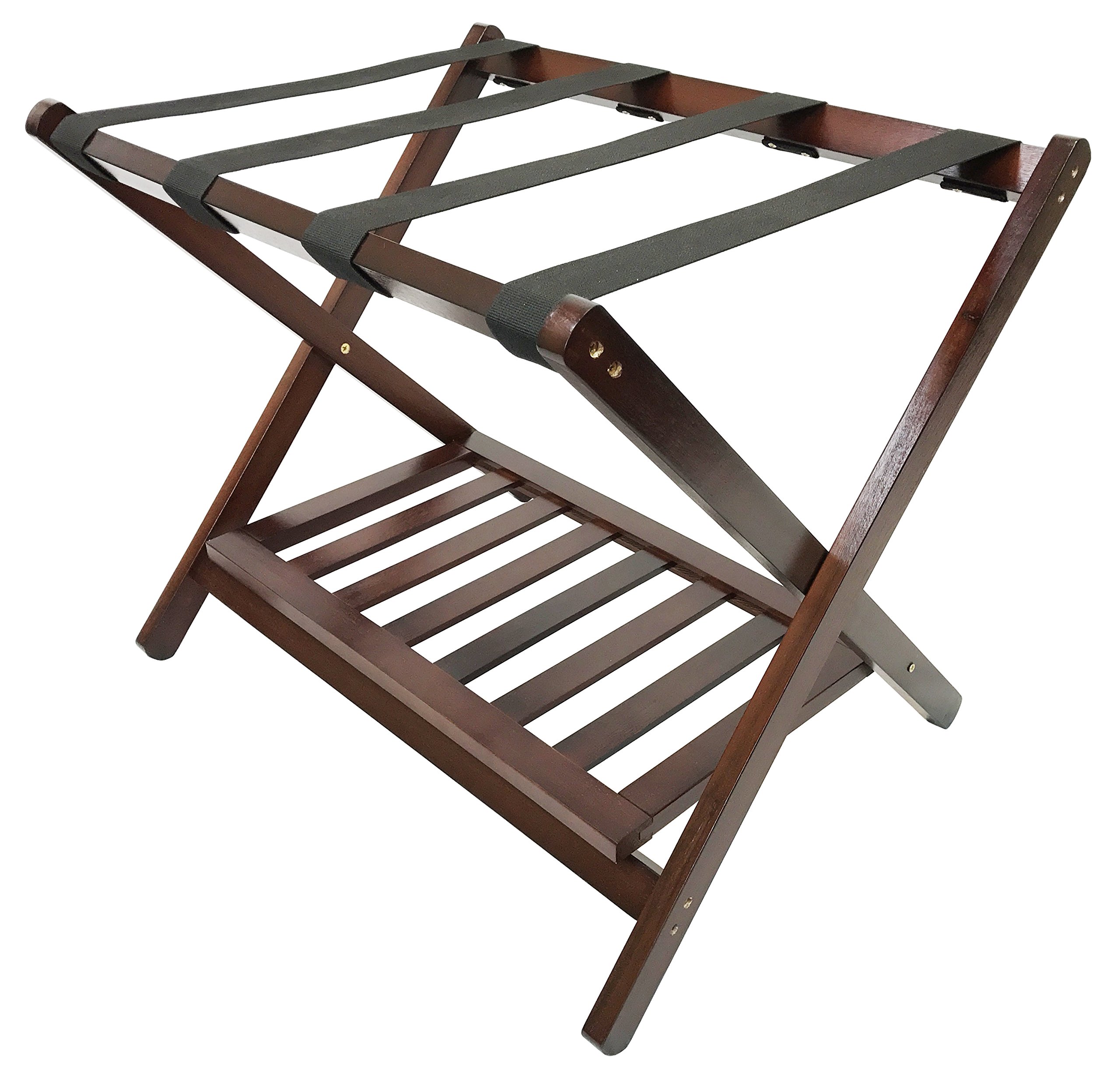Wholesale Hotel Products Wooden Luggage Rack for Guest Room with Shoe Shelf - Fully Assembled Luggage Stand with Storage Shelf Foldable, Solid Wood Walnut -
