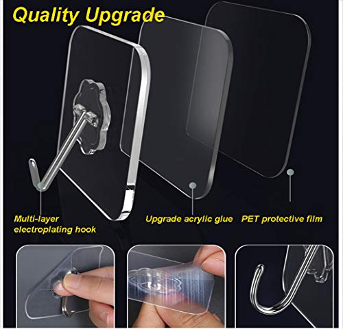 Adhesive Hooks - Transparent Reusable Utility Hooks Heavy Duty Wall Hooks 13lb(Max) Seamless Hooks Waterproof and Oil Proof for Kitchen Bathroom and Kitchen (50)