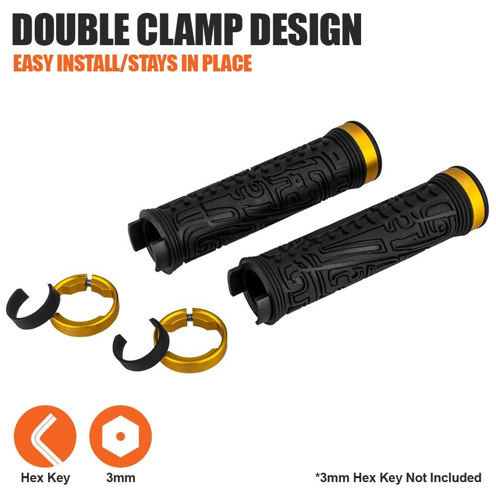 BV Bike Handlebar Grips, Double Lock-on Bicycle Grip Handle Bar End Holding Locking Grips, for MTB, BMX, Mountain, Downhill, Folding Bike (Gold)
