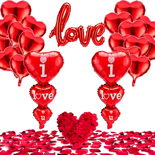 I Love You Balloons and Heart Balloons Kit with 2000 Pcs Dark-Red Silk Rose Petals Wedding Flower Decoration for Valentine Day Party Decorations