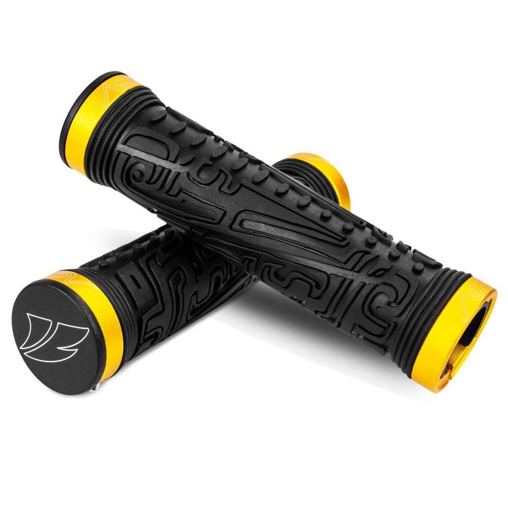 BV Bike Handlebar Grips, Double Lock-on Bicycle Grip Handle Bar End Holding Locking Grips, for MTB, BMX, Mountain, Downhill, Folding Bike (Gold)