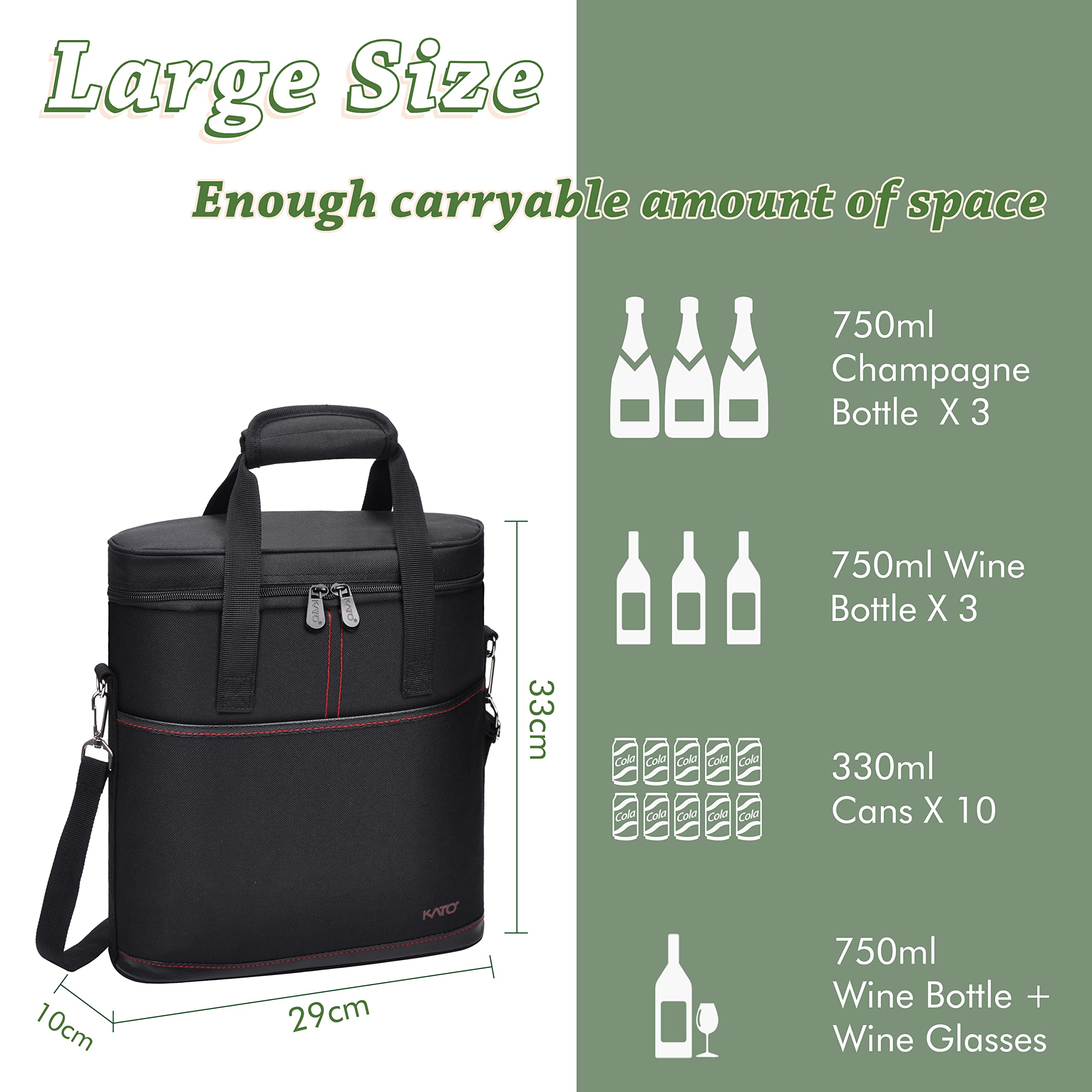 Tirrinia Insulated Wine Gift carrier - 3 Bottle Travel Padded Wine Carry Cooler Tote Bag with Handle and Adjustable Shoulder Strap, Black