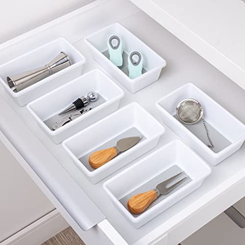 Smart Design Plastic Drawer Organizer - Set of 3-6.75 x 3.75 Inch - Non-Slip Lining and Feet - BPA Free - Utensils, Flatware, Office, Personal Care, or Makeup Storage - Kitchen - White with Gray