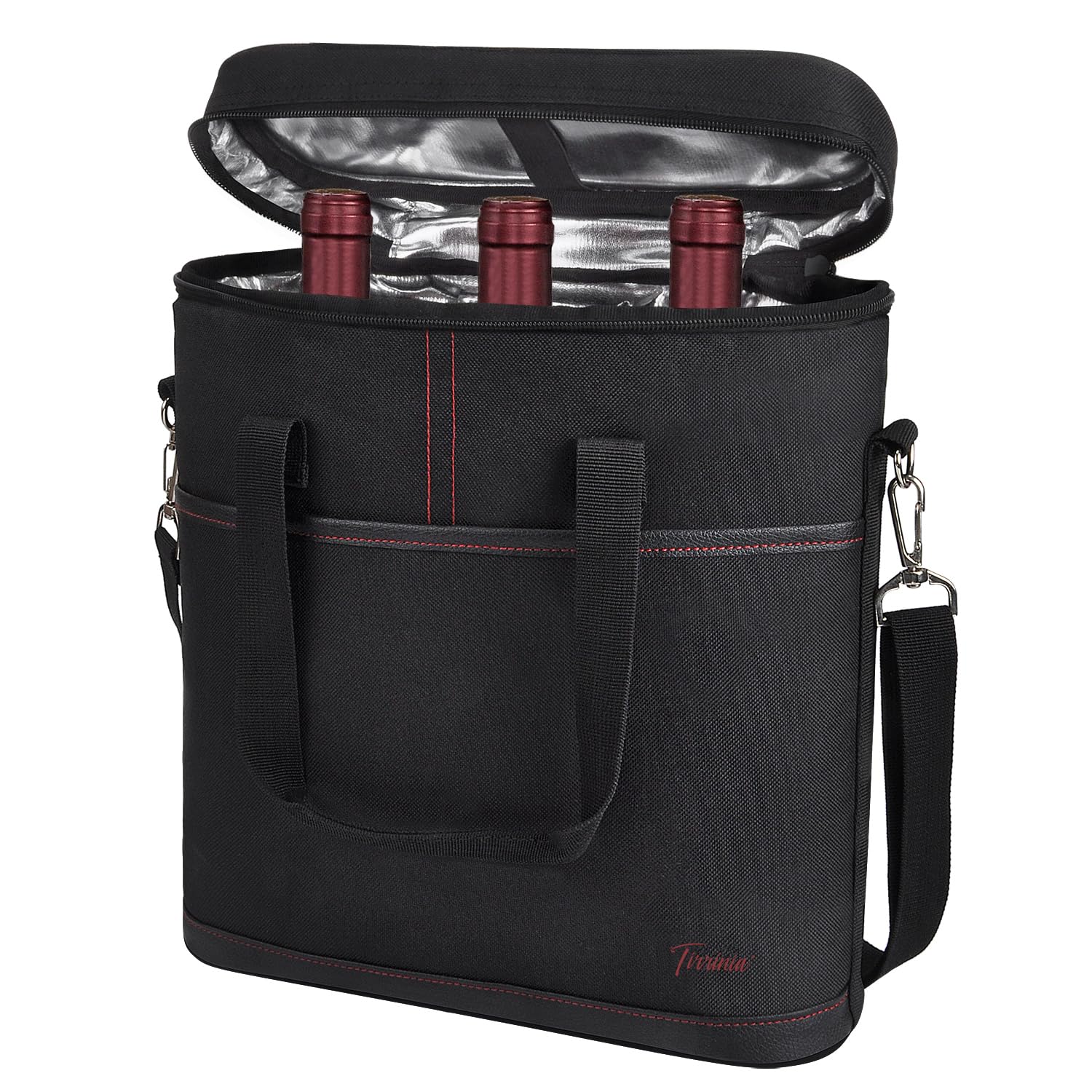 Tirrinia Insulated Wine Gift carrier - 3 Bottle Travel Padded Wine Carry Cooler Tote Bag with Handle and Adjustable Shoulder Strap, Black