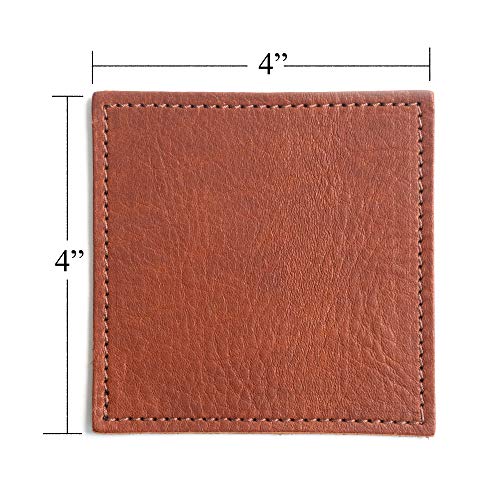 American Made Leather Coasters - Premium Full Grain Leather, Double Layered Square Rustic Brown Coaster Set, 4βx4β - Handmade in The USA - Set of 4