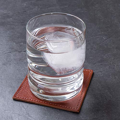American Made Leather Coasters - Premium Full Grain Leather, Double Layered Square Rustic Brown Coaster Set, 4βx4β - Handmade in The USA - Set of 4