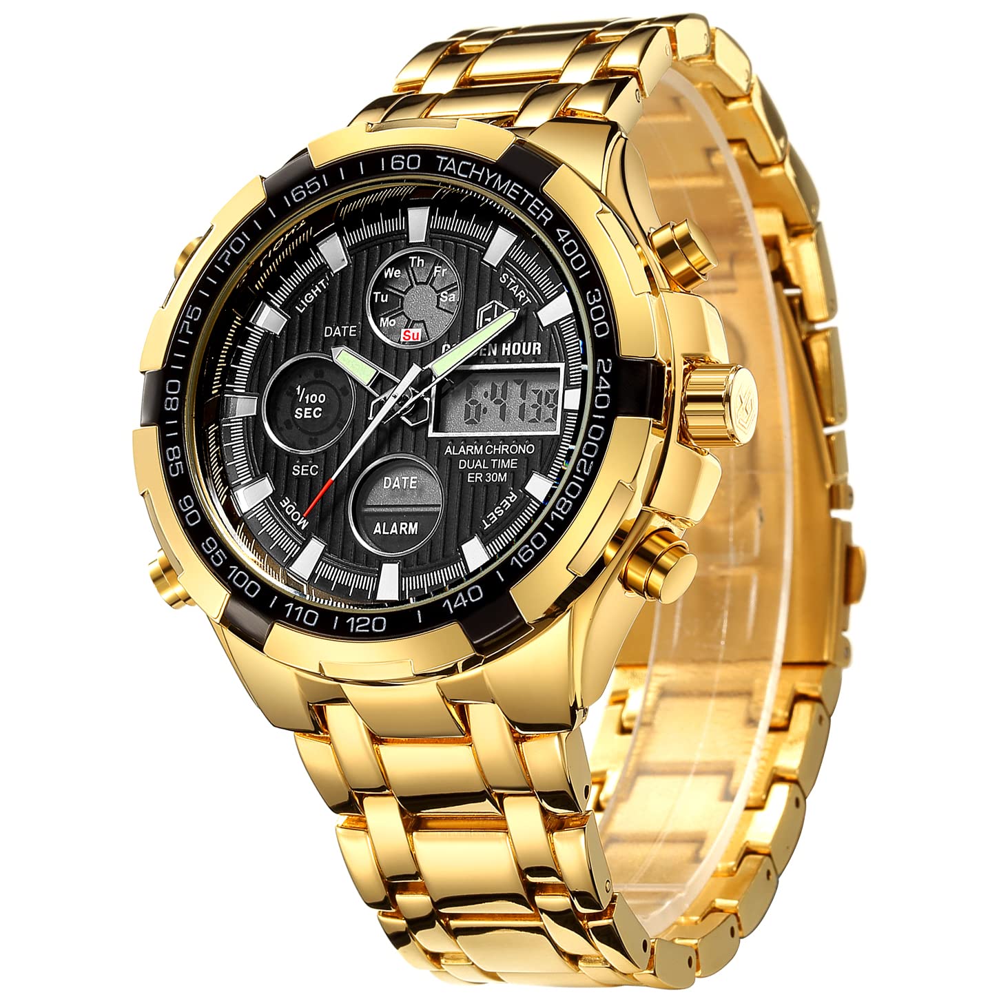 GOLDEN HOUR Luxury Stainless Steel Analog Digital Watches for Men Male Outdoor Sport Waterproof Large Big Size Heavy Wristwatch (Gold Black)