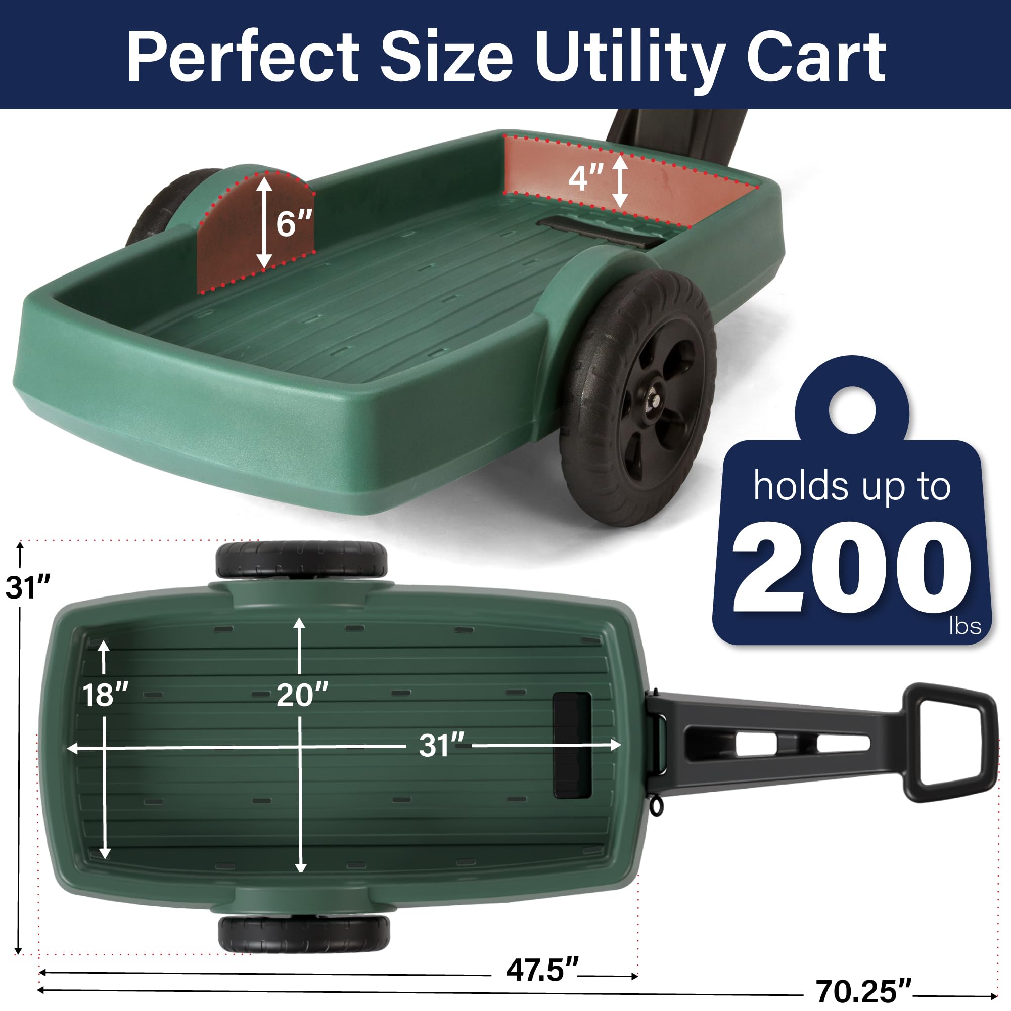 Simplay3 Yard and Garden Outdoor Cart - Long Handle Easy Turn 2 Wheel Heavy Duty Plastic Pull Cart for The Backyard 42 in. x 20 in. x 4 in. Bed, Green