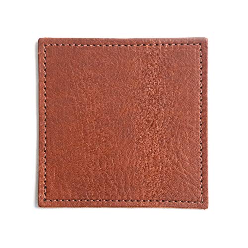 American Made Leather Coasters - Premium Full Grain Leather, Double Layered Square Rustic Brown Coaster Set, 4βx4β - Handmade in The USA - Set of 4