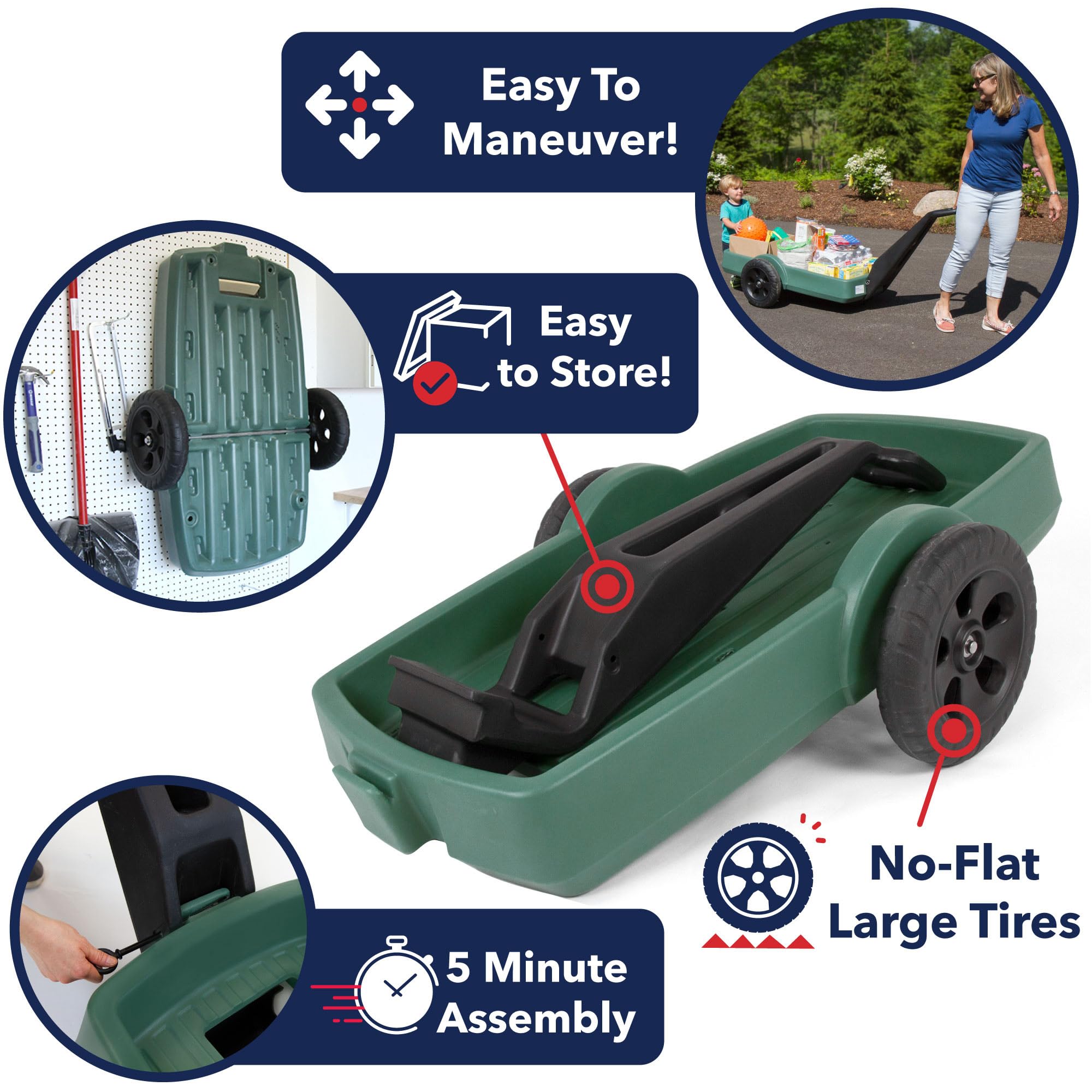 Simplay3 Yard and Garden Outdoor Cart - Long Handle Easy Turn 2 Wheel Heavy Duty Plastic Pull Cart for The Backyard 42 in. x 20 in. x 4 in. Bed, Green