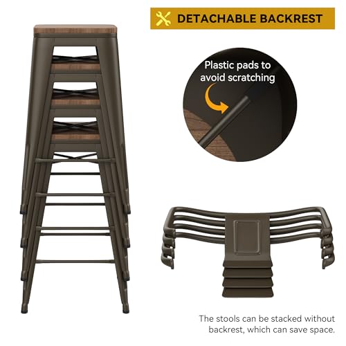 24" Low Back Metal Counter Stool Height Bar Stools with Wooden Seat [Set of 4] for Home Kitchen Barstools