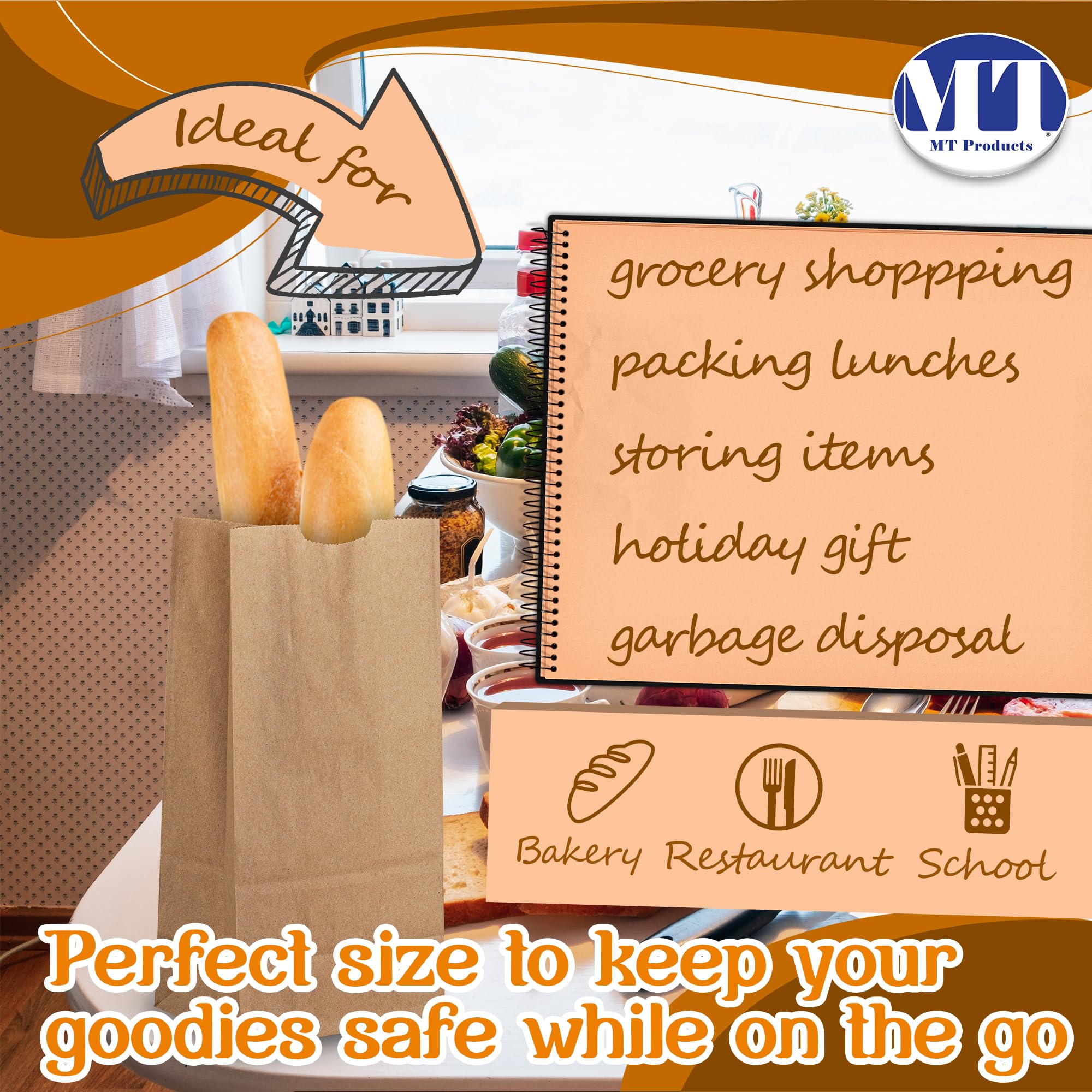 MT Products Brown Paper Bags 8 lbs. - Disposable Paper Lunch Bags Perfect for Shopping - Pack of 100