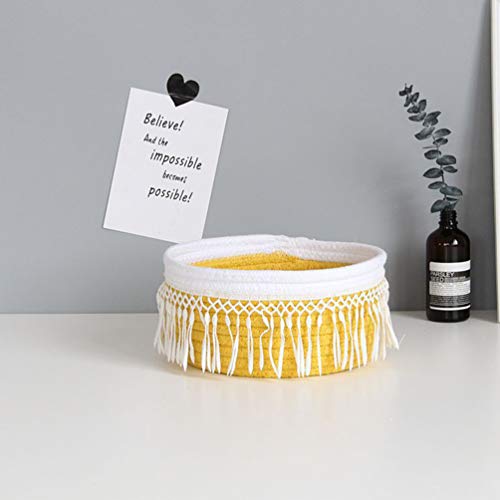 Cabilock Desk Topper Sundries Woven Storage Basket Decorative Tassel Storage Bins Basket Foldable Kid Organizer Makeup Books Storage Basket (Yellow) Macrame Decor