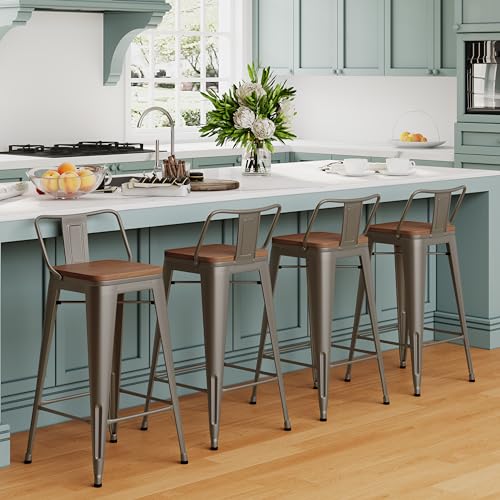 24" Low Back Metal Counter Stool Height Bar Stools with Wooden Seat [Set of 4] for Home Kitchen Barstools