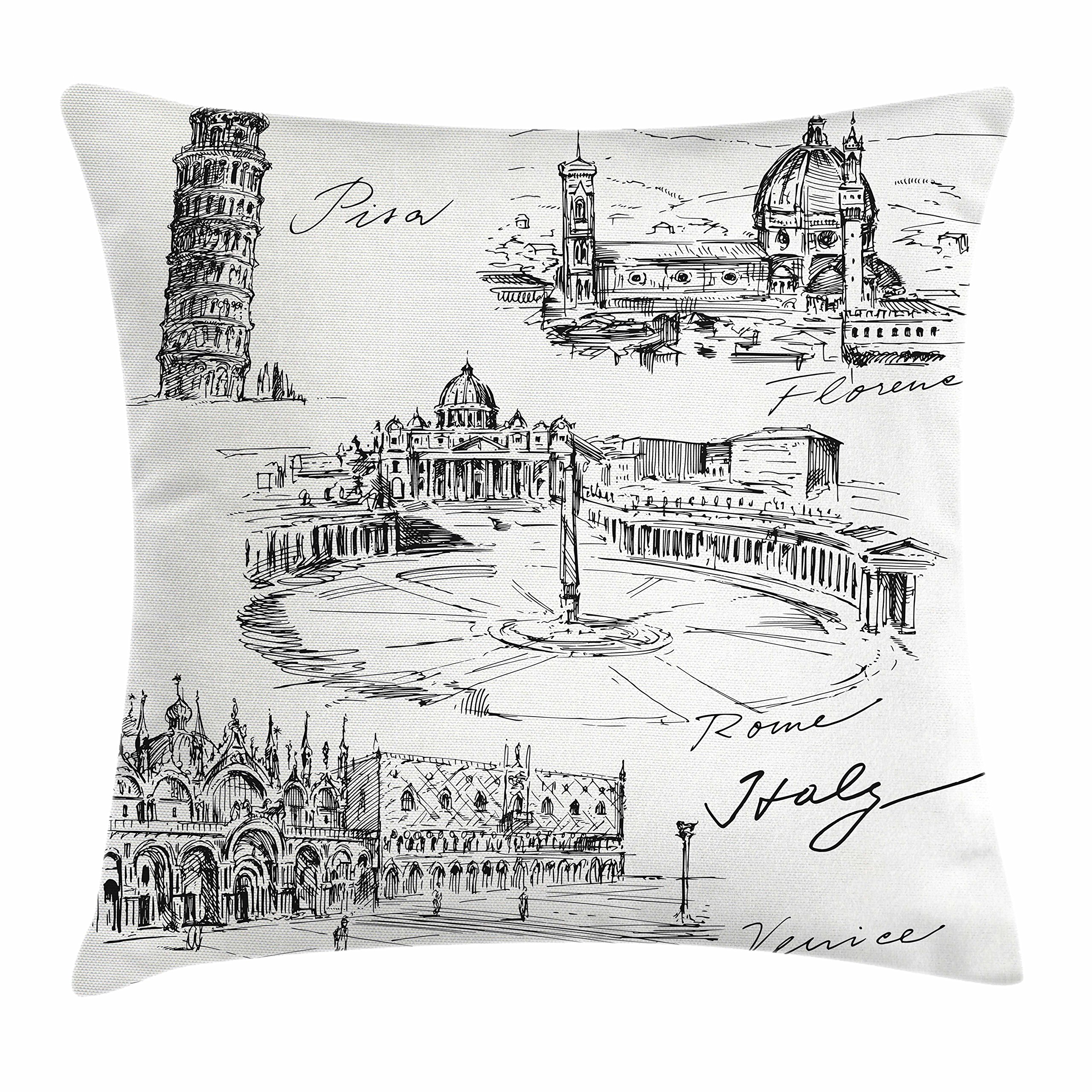 Ambesonne Sketchy Throw Pillow Cushion Cover, Travel The World Themed Historical Italian Landmarks Venice Rome Florence Pisa, Decorative Square Accent Pillow Case, 18" X 18", Black White