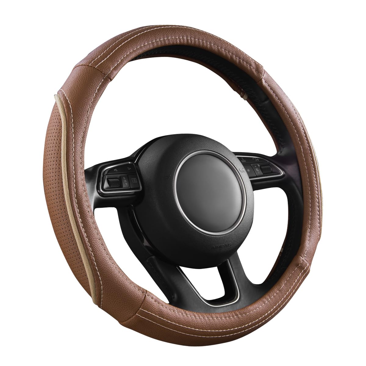 CAR PASS Line Rider Delux Leather Steering Wheel Cover, Universal Fit for Suvs,Sedans,Vans,Trucks for 14.5" to 15"(Brown & Beige)