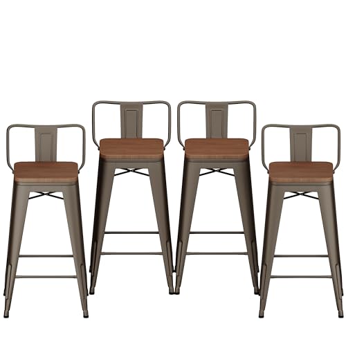 24" Low Back Metal Counter Stool Height Bar Stools with Wooden Seat [Set of 4] for Home Kitchen Barstools