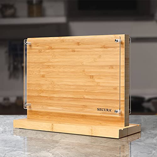 Secura Magnetic Knife Block, Bamboo Knife Stand, Double Side Knife Holder, Kitchen Multifunctional Storage with Transparent Acrylic Protection Shield,12 inch