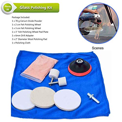 CALIDAKA 9pcs/Set Glass Polishing Kit, Car Windshield Polishing Kit, Scratch Removal Set, Deep Scratch Remover Ceric Dioxide Abrasive Discs Polish Pad Felt for Windscreen and Glass