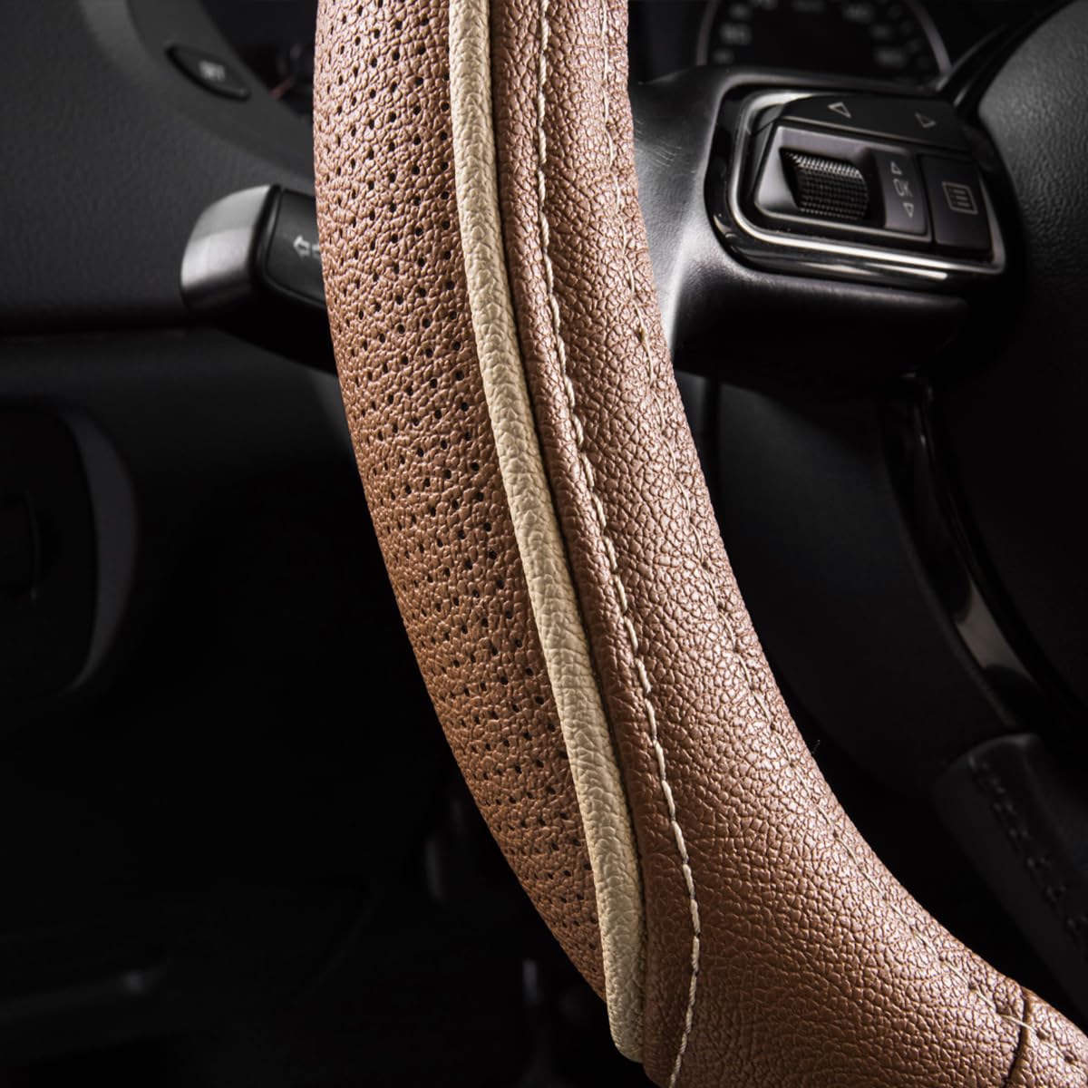 CAR PASS Line Rider Delux Leather Steering Wheel Cover, Universal Fit for Suvs,Sedans,Vans,Trucks for 14.5" to 15"(Brown & Beige)