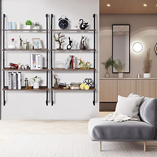 ZenStyle 4-Shelf Bookcase, Industrial Floating Shelves Wall Mount with MDF Wood and Black Metal Frame, Nutmeg/Black