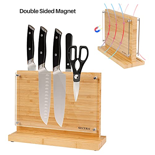 Secura Magnetic Knife Block, Bamboo Knife Stand, Double Side Knife Holder, Kitchen Multifunctional Storage with Transparent Acrylic Protection Shield,12 inch