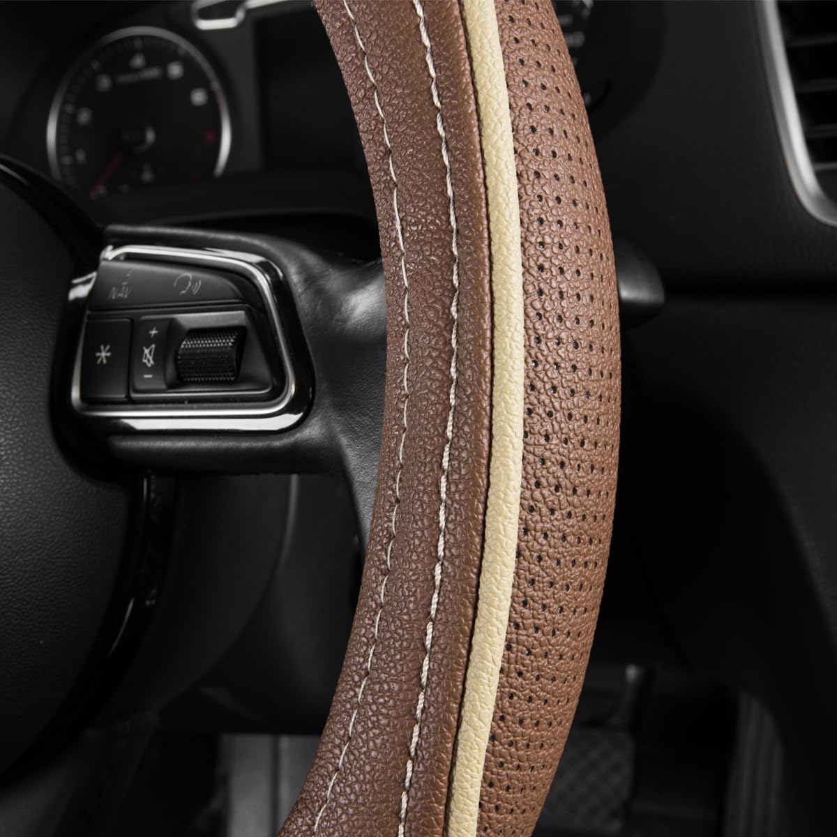 CAR PASS Line Rider Delux Leather Steering Wheel Cover, Universal Fit for Suvs,Sedans,Vans,Trucks for 14.5" to 15"(Brown & Beige)