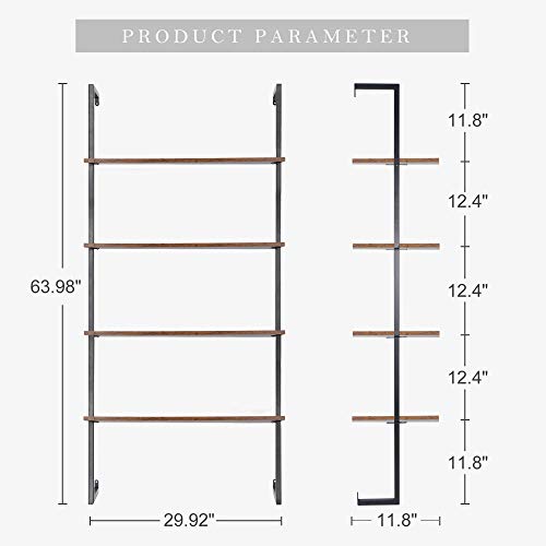 ZenStyle 4-Shelf Bookcase, Industrial Floating Shelves Wall Mount with MDF Wood and Black Metal Frame, Nutmeg/Black