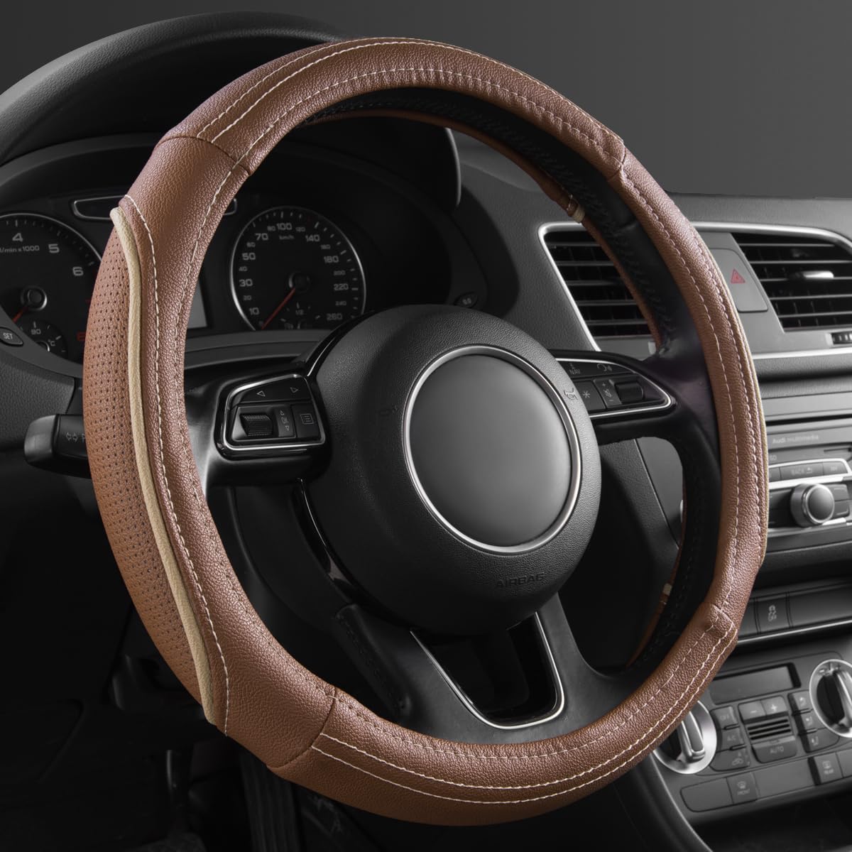 CAR PASS Line Rider Delux Leather Steering Wheel Cover, Universal Fit for Suvs,Sedans,Vans,Trucks for 14.5" to 15"(Brown & Beige)