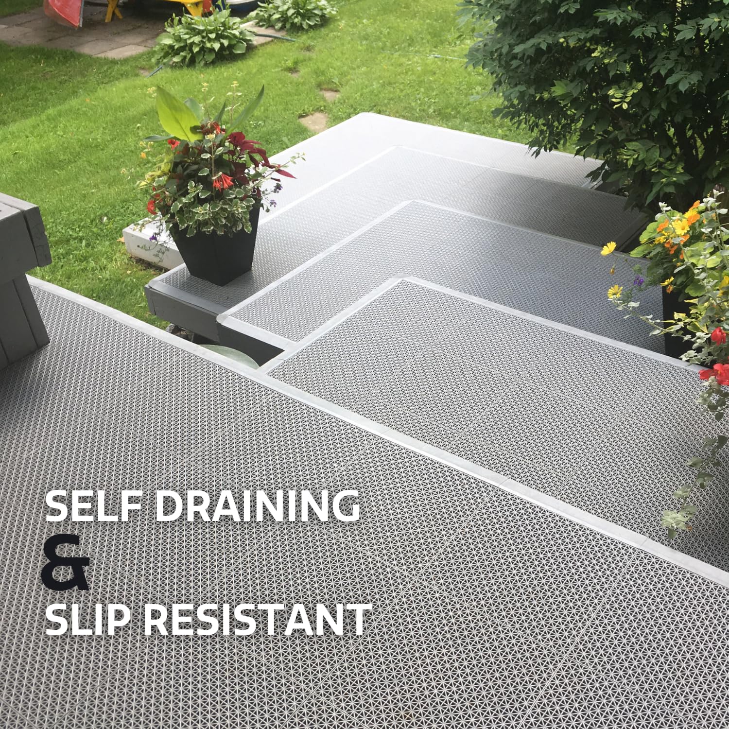 Big Floors DuraGrid Outdoor Modular Deck Tiles, Interlocking, Slip-Resistant, Self-Draining, Durable Plastic Flooring, Easy Install, UV & Water Resistant, Made in USA, 40 Pack, Gray