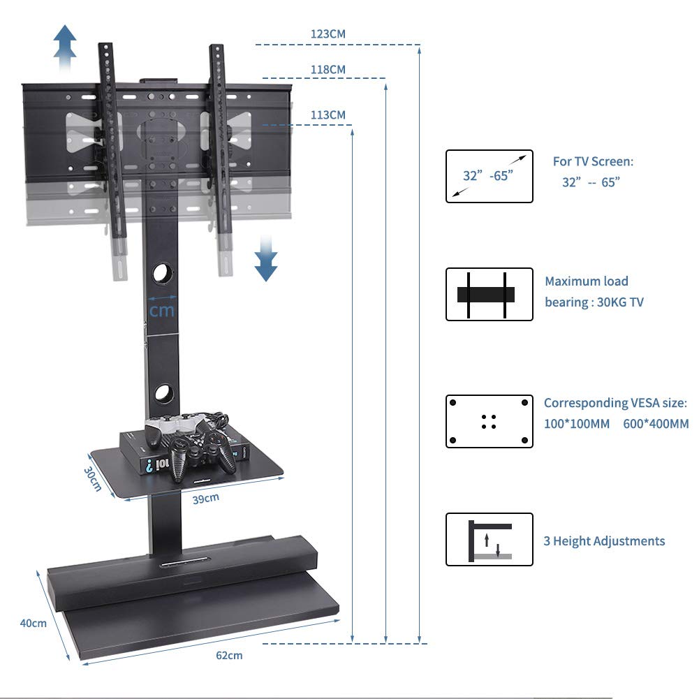 unho Floor TV Stand Free-standing: 65 inches TV Mount Stand with Height Adjustable Tilt Bracket and 2 AV Shelves Base for Most Large Flat Screens Televisions