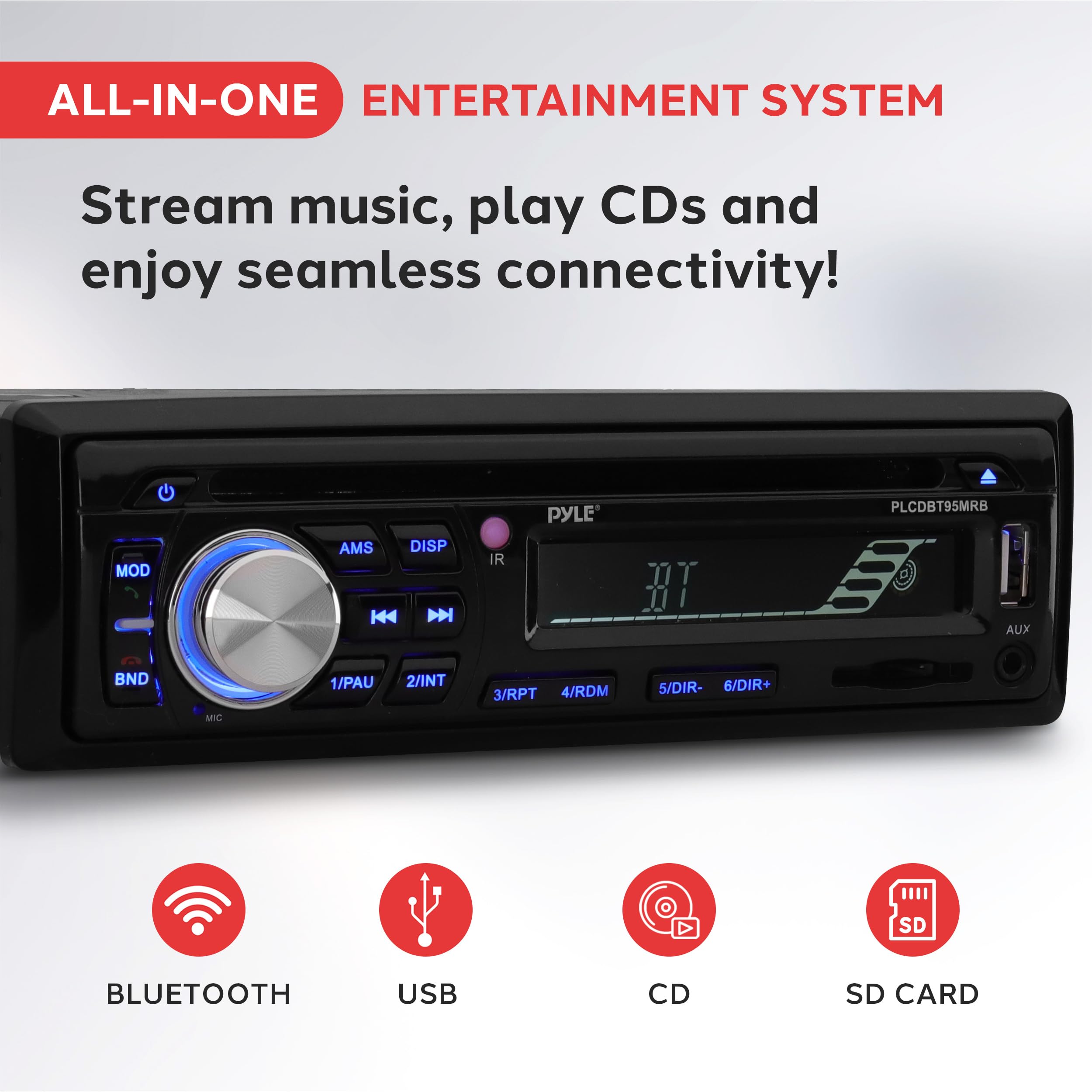 Pyle Wireless Bluetooth Marine Audio Stereo - Kit w/ Single DIN Universal Size Radio Receiver, Hands-Free Calling, 6.5" Waterproof Speakers, CD Player, MP3/USB/SD Readers & AM/FM Radio