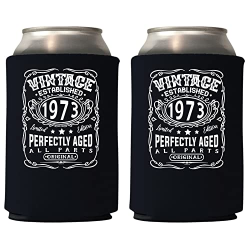 Veracco Vintage Established 1973 Perfectly Aged Can Coolie Holder 50th Birthday Gift Fifty and Fabulous Party Favors Decorations (12, Black)