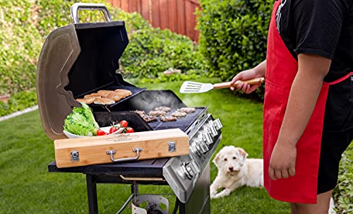 Personalized Grill Set for Men, BBQ Set with Custom Engraved Wooden Case Holder (Circle Design) | Customized Birthday for Him, Dad, Boyfriend, Husband | Groomsmen Gift