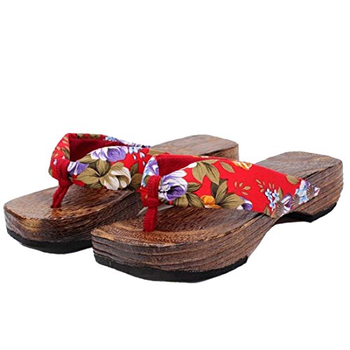 Ainiel Woman’s Japanese Traditional Clogs Geta Sandals (36 (US 5), Red)