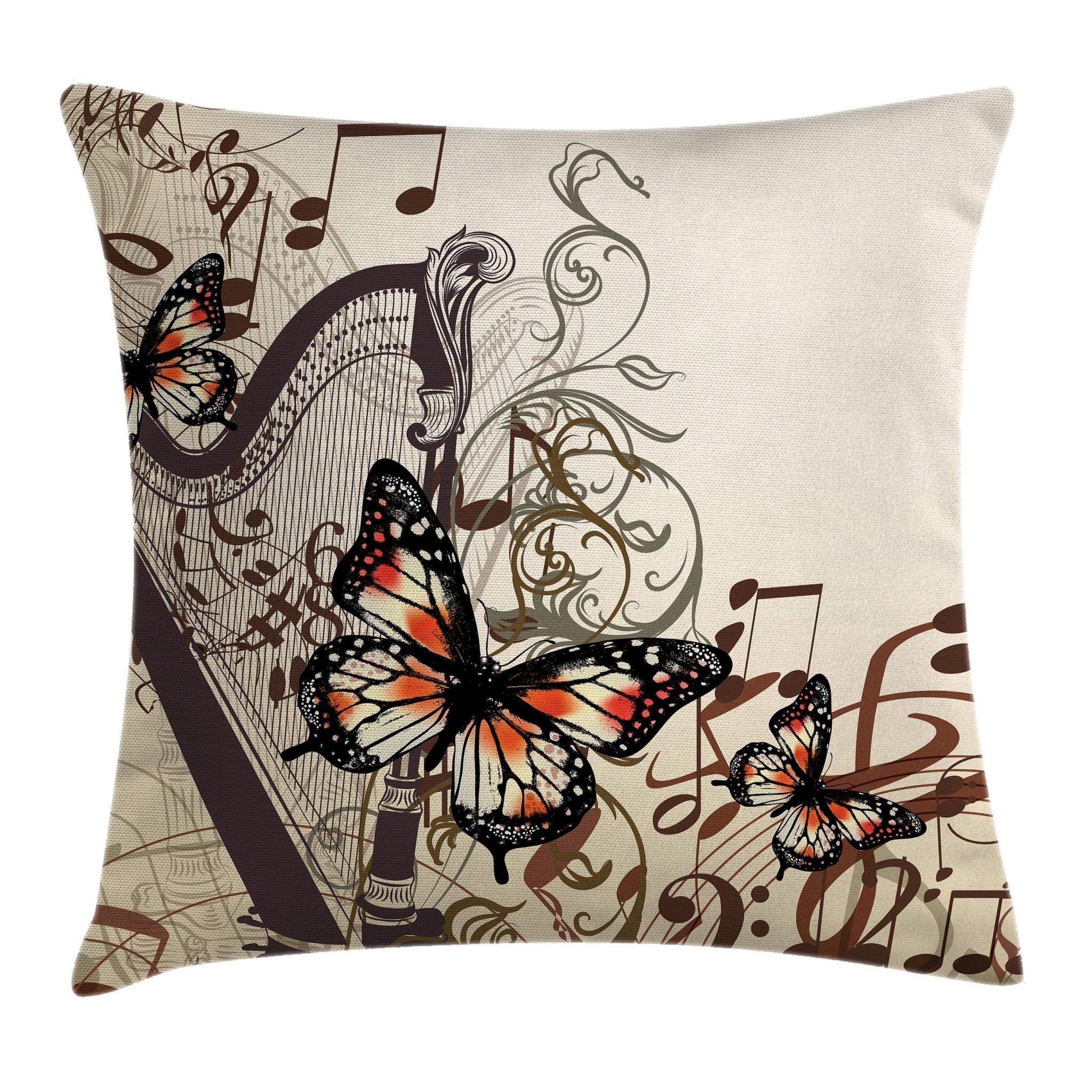 Ambesonne Butterflies Throw Pillow Cushion Cover, Harp Ornament and Butterflies Classic Musical Instrument Concert Theme, Decorative Square Accent Pillow Case, 20" X 20", Cream Orange Black
