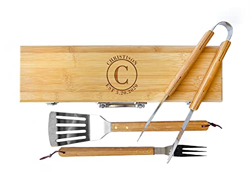 Personalized Grill Set for Men, BBQ Set with Custom Engraved Wooden Case Holder (Circle Design) | Customized Birthday for Him, Dad, Boyfriend, Husband | Groomsmen Gift