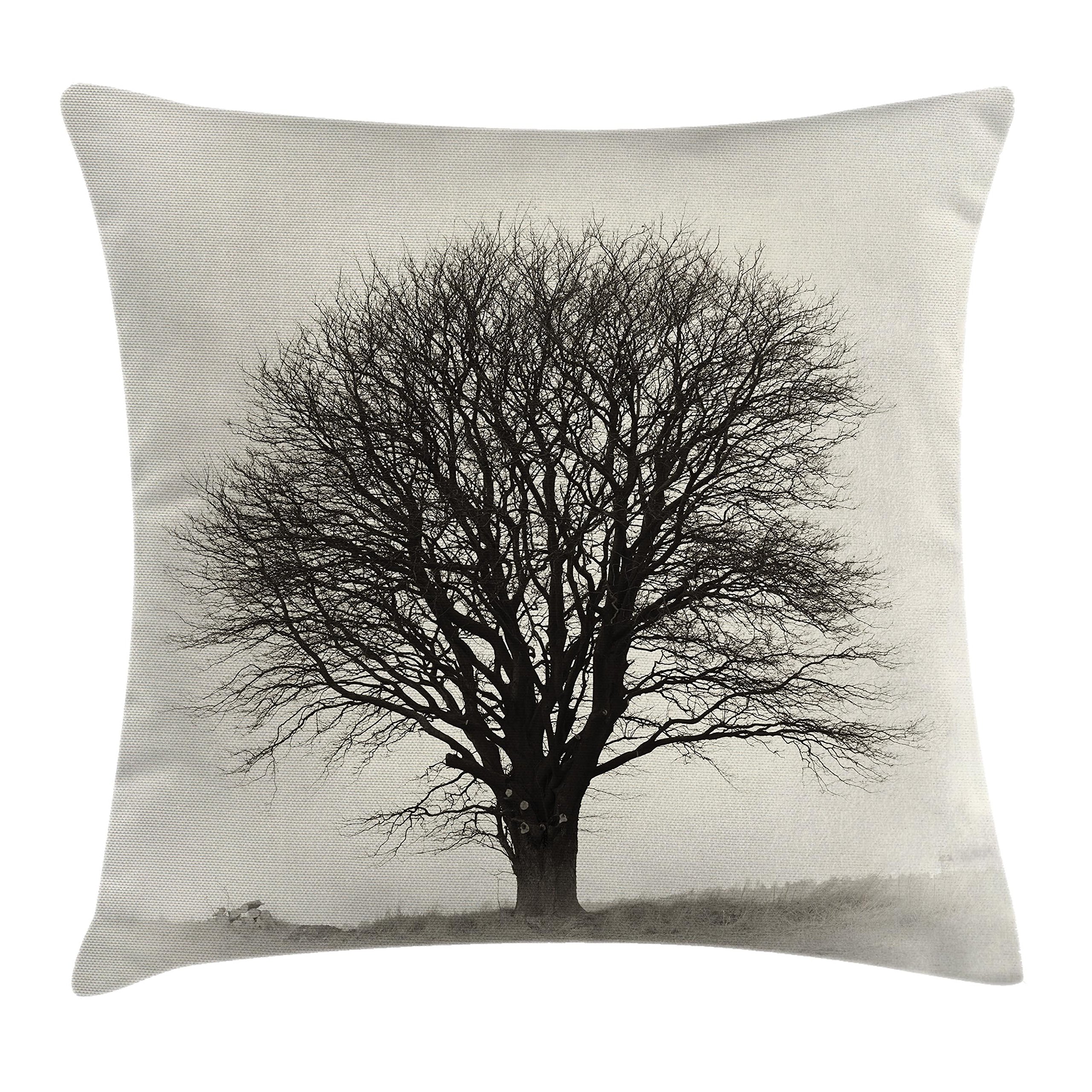 Ambesonne Grey Throw Pillow Cushion Cover, A Photo of a Big Tree on a Field of Branches in Fall Season Monochromic Style Landscape Artwork, Decorative Square Accent Pillow Case, 18" X 18", Beige Black