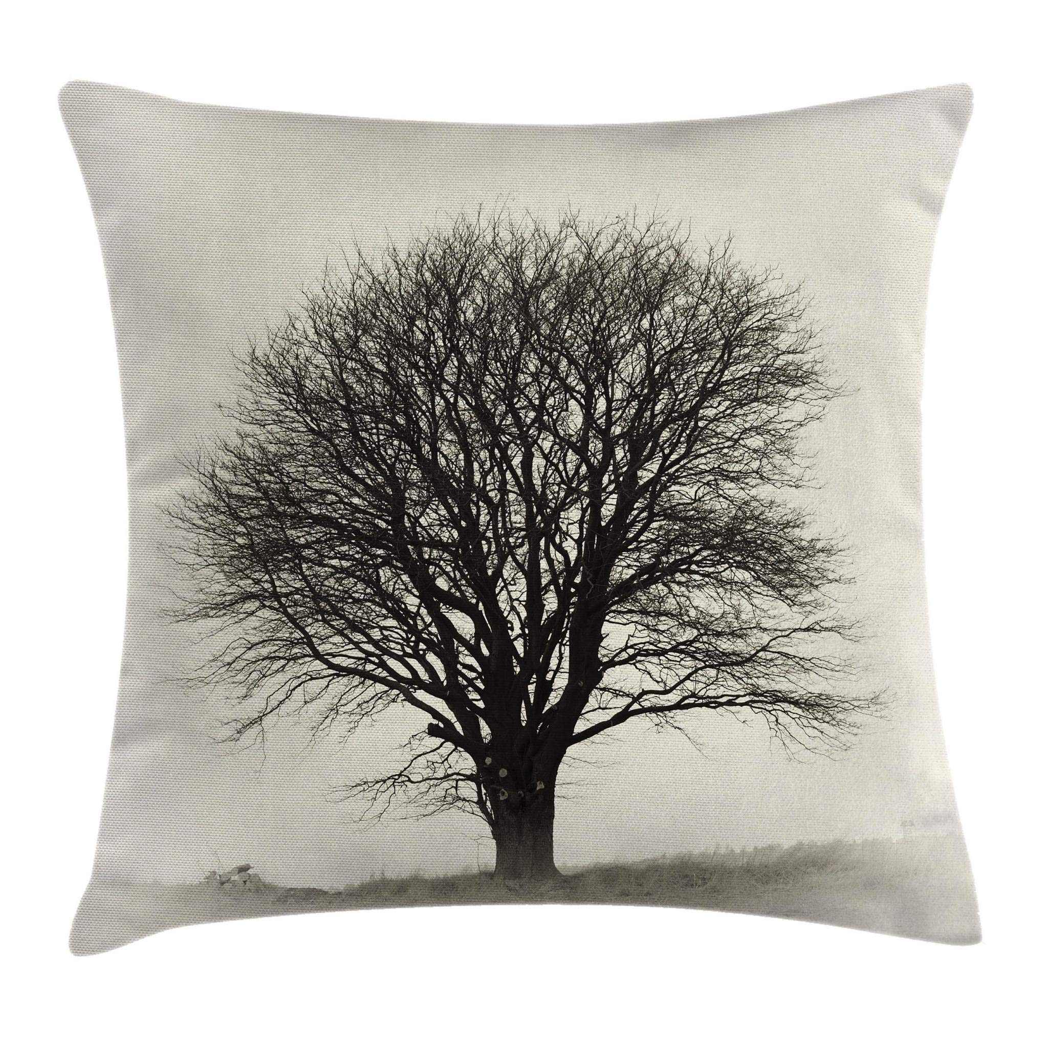 Ambesonne Grey Throw Pillow Cushion Cover, A Photo of a Big Tree on a Field of Branches in Fall Season Monochromic Style Landscape Artwork, Decorative Square Accent Pillow Case, 18" X 18", Beige Black